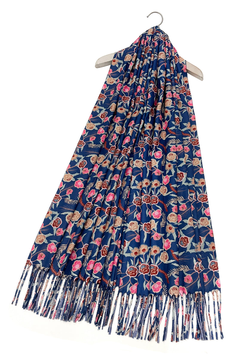 Rose And Mixed Floral Wool Tassel Scarf Fashion Scarf World