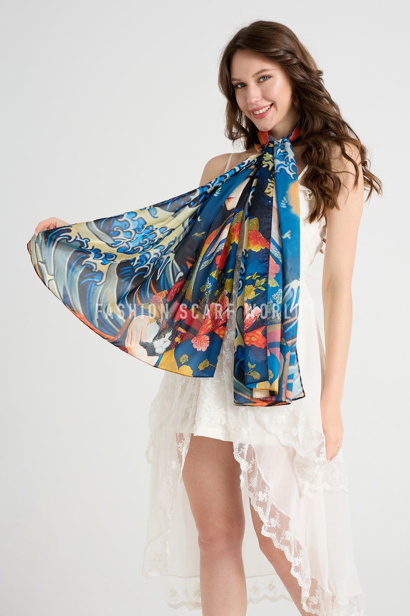 Japanese Great Wave and Lady Print Silk Scarf– Fashion Scarf World