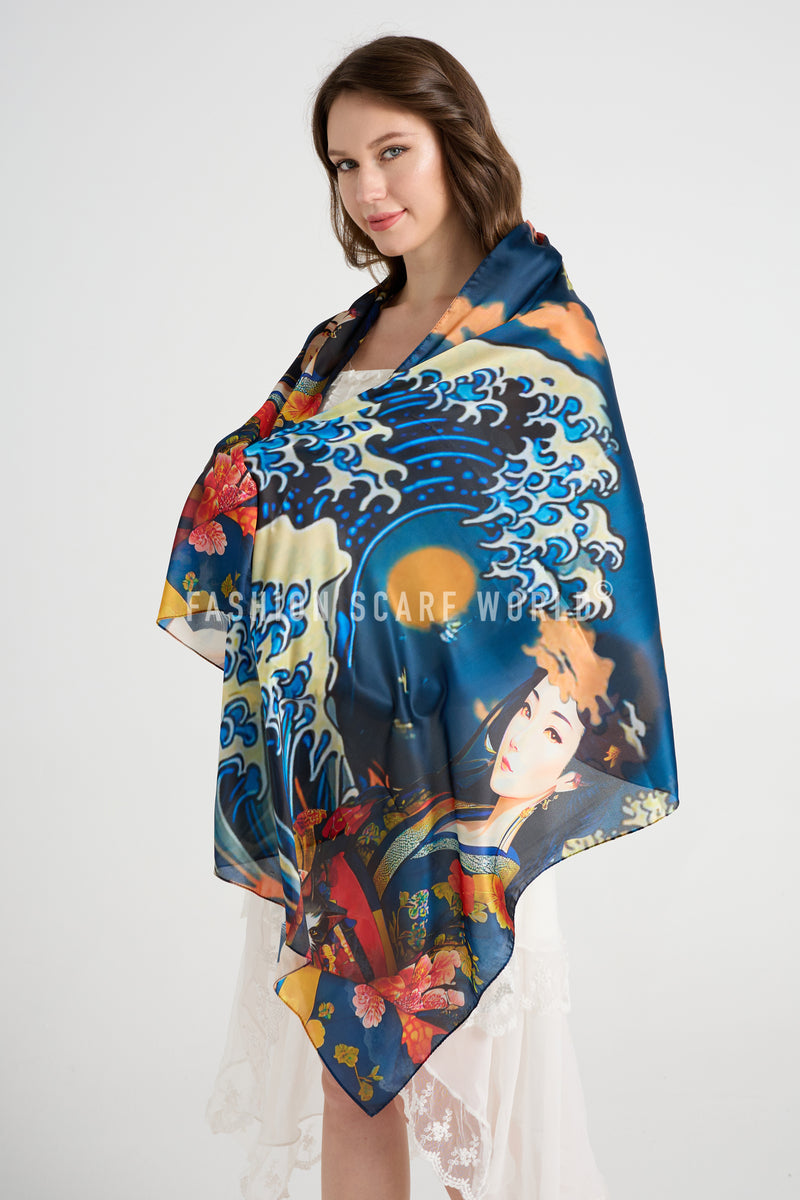 Japanese Great Wave and Lady Print Silk Scarf– Fashion Scarf World