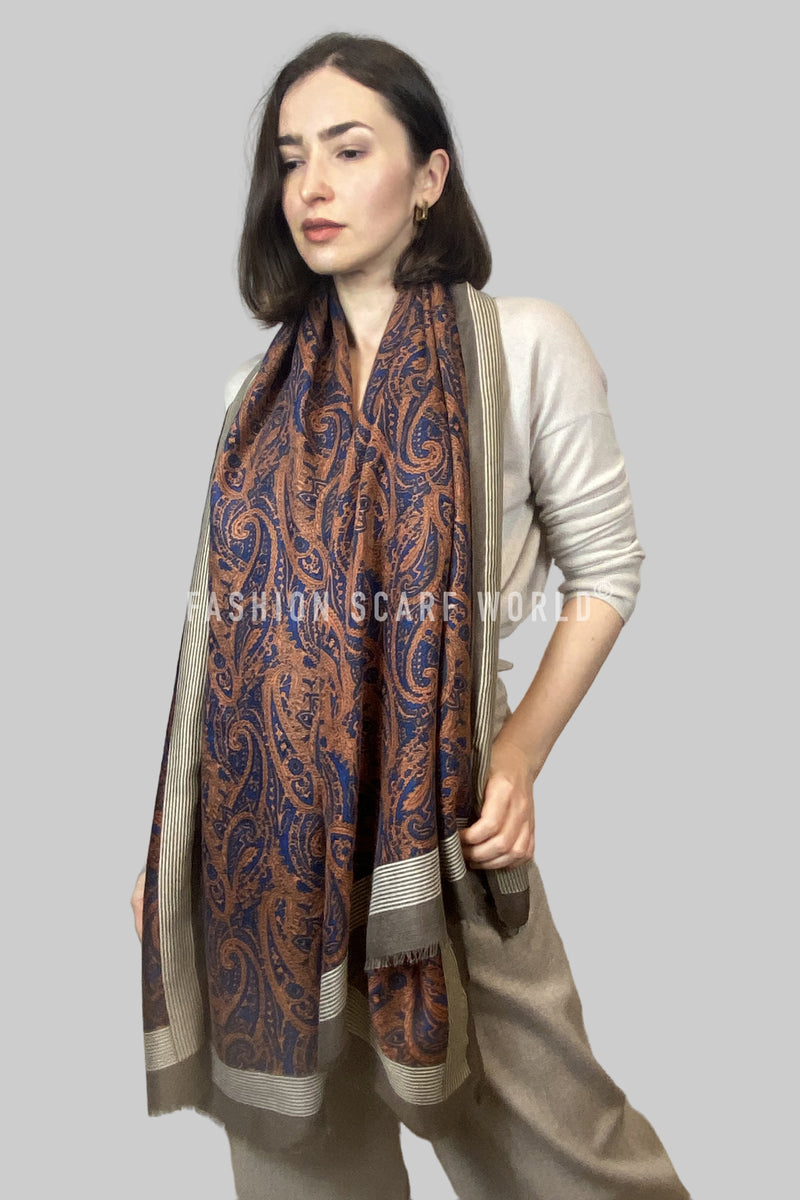 Traditional Paisley & Stripe Border Frayed Scarf– Fashion Scarf World
