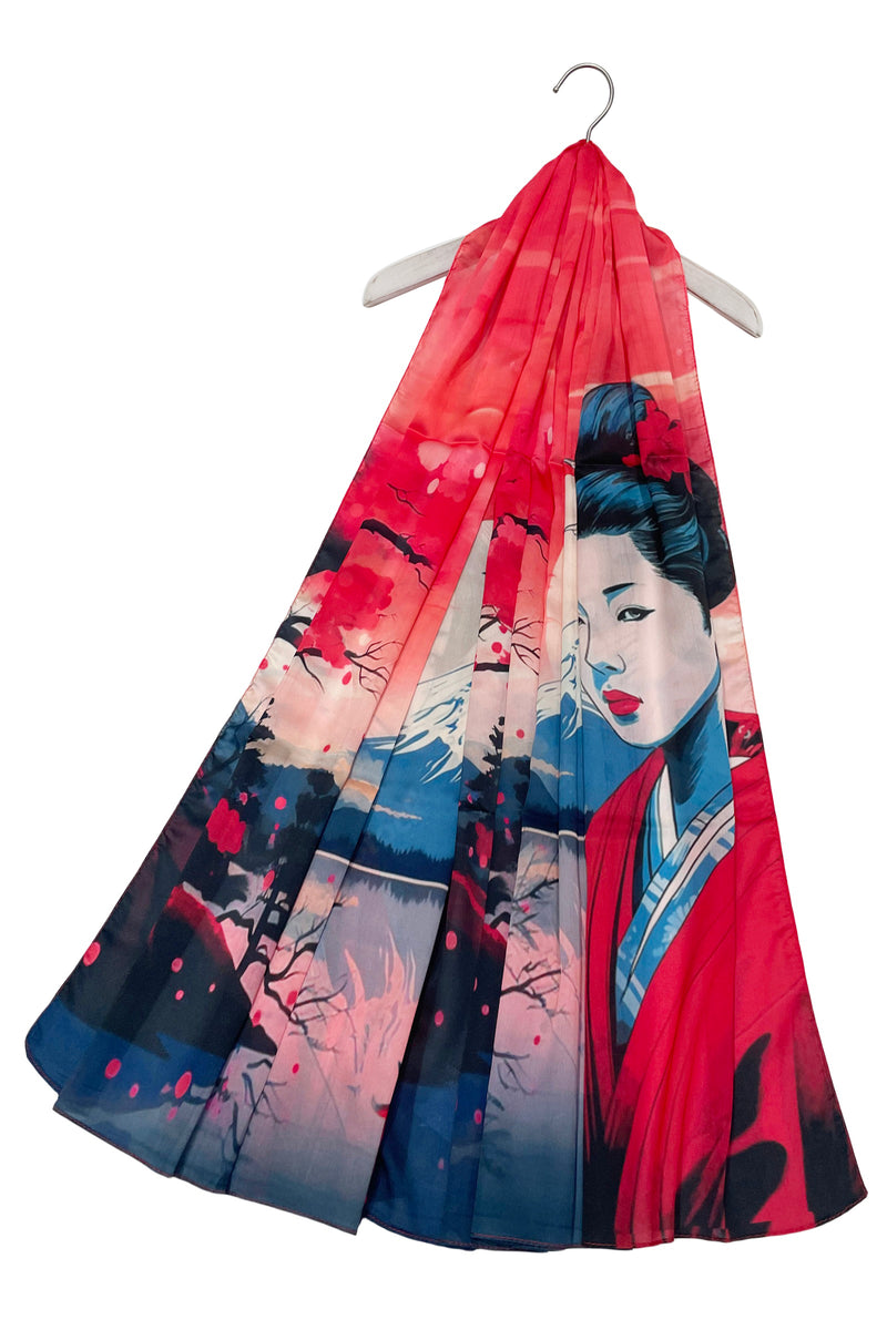 Japanese Lady & Mount Fuji Print Silk Scarf– Fashion Scarf World