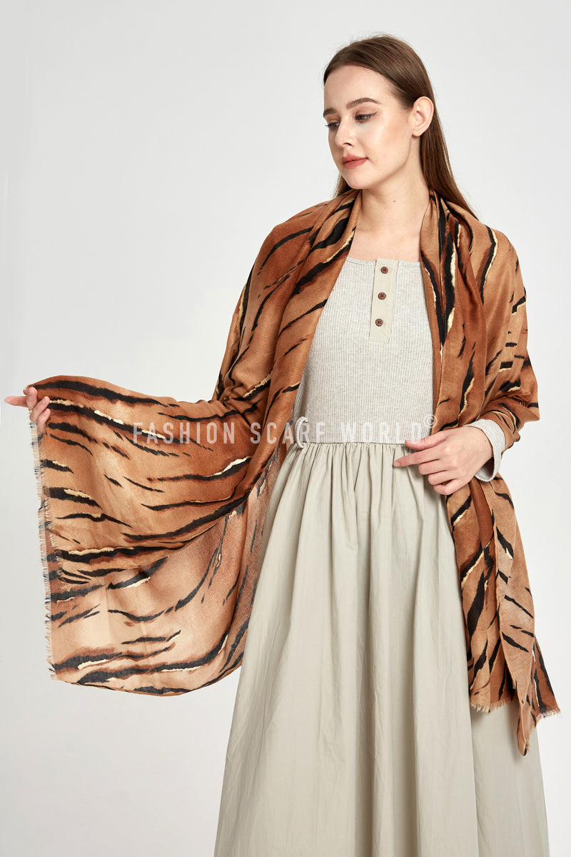 Tiger Print Foiled Frayed Scarf– Fashion Scarf World
