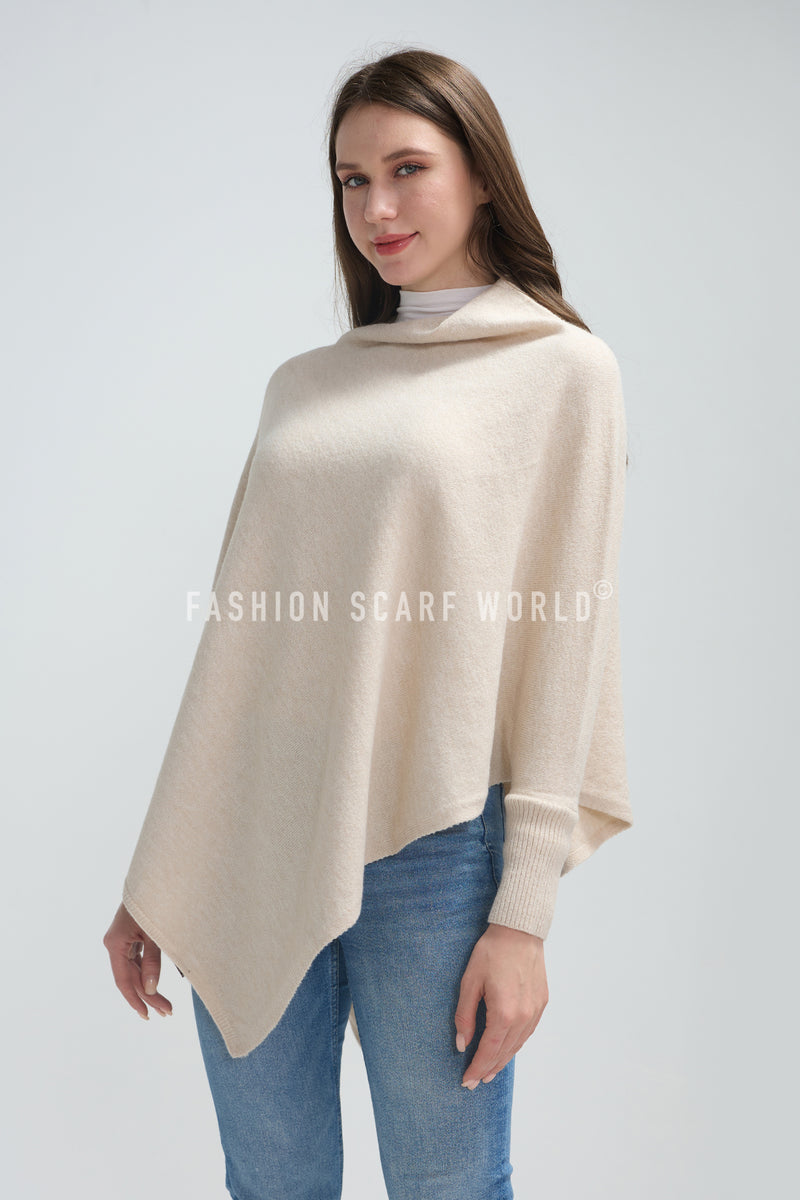 Plain Cuffed Diagonal Drape Wool Poncho– Fashion Scarf World