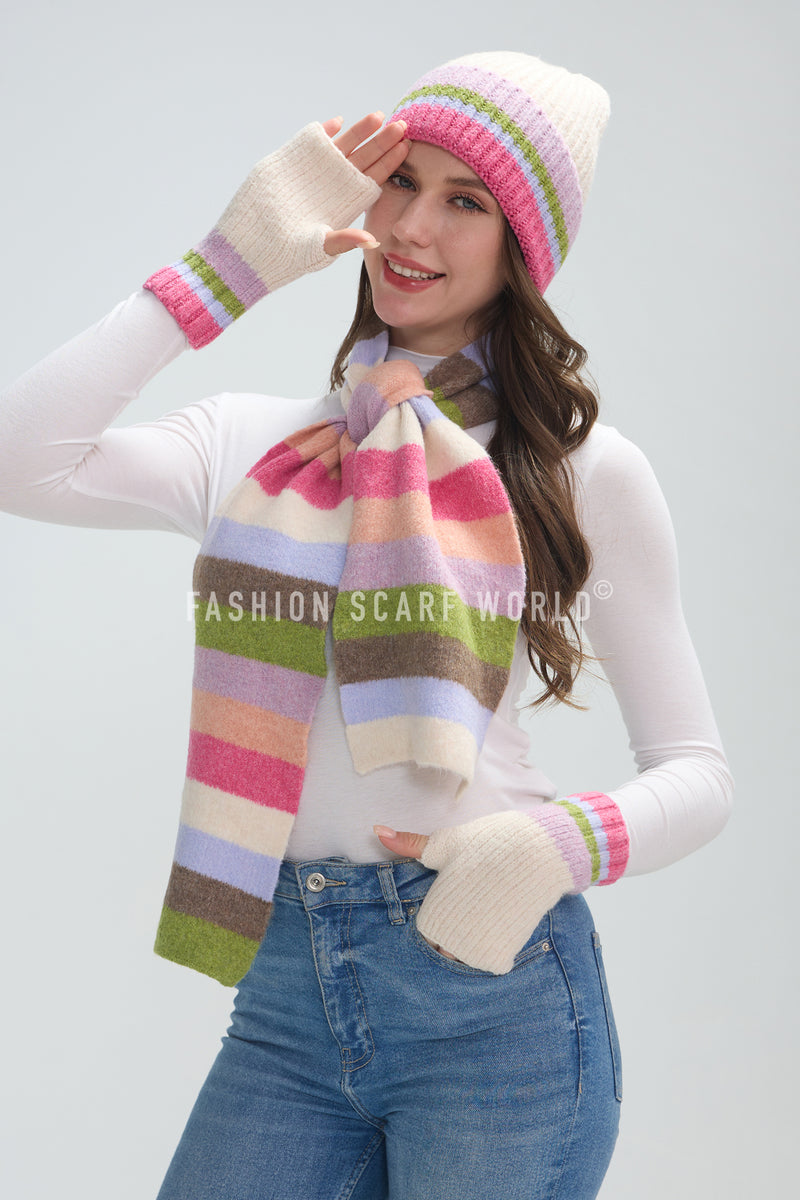 Rainbow Stripe Wool Hat, Scarf & Fingerless Glove Set– Fashion Scarf World