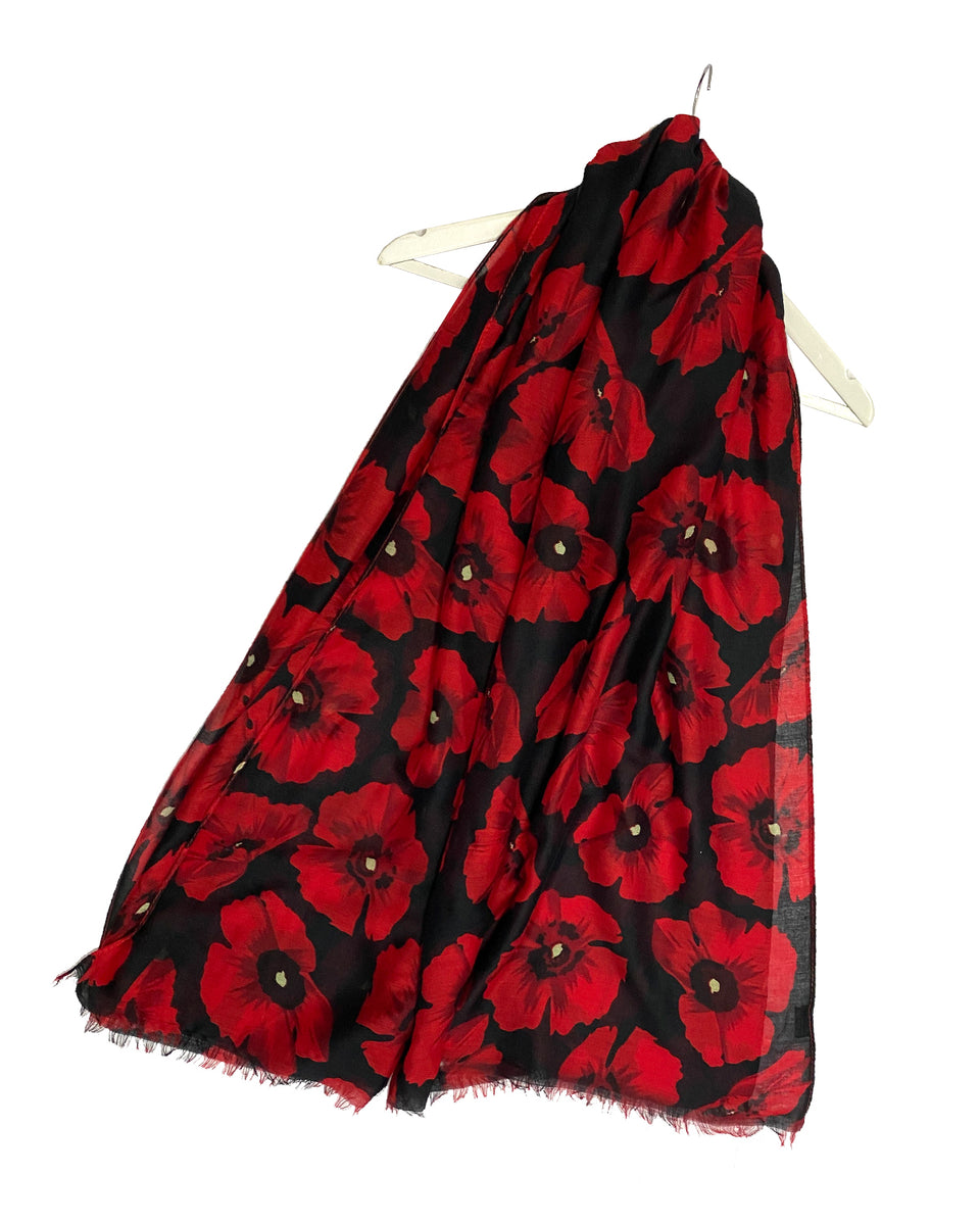 Bold Red Poppy Print Frayed Scarf– Fashion Scarf World