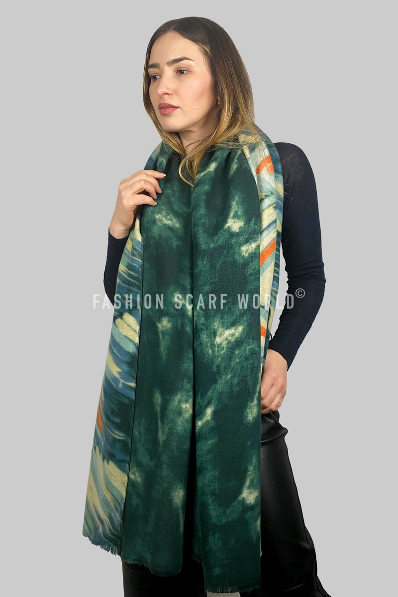 Feather Fan Border Tie Dye Soft Wool Blanket Frayed Scarf– Fashion ...