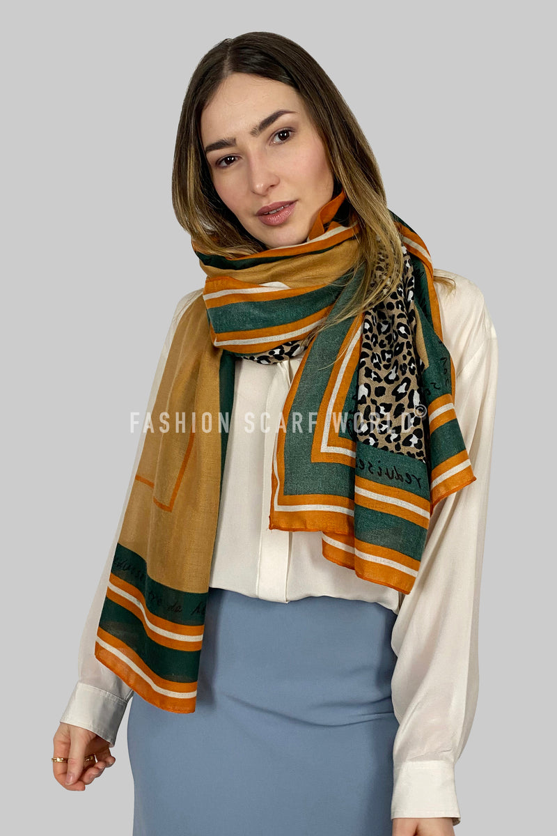 Leopard Print Scarf with Text Border– Fashion Scarf World